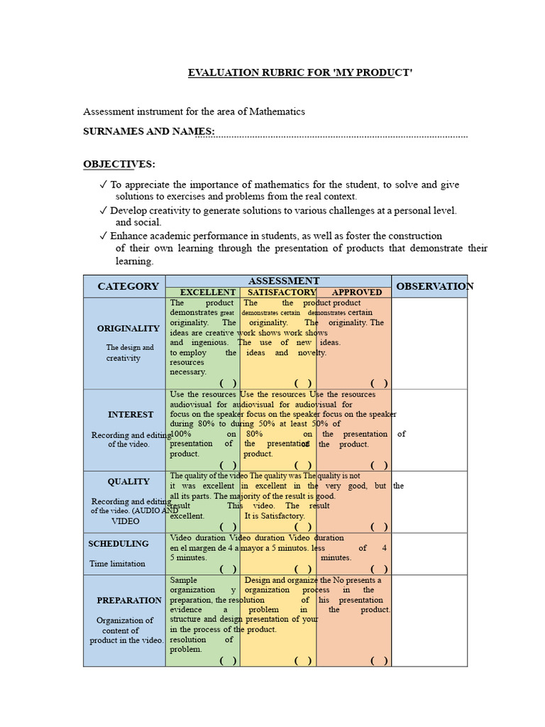 Evaluation Rubric of My Product | PDF | Rubric (Academic) | Creativity