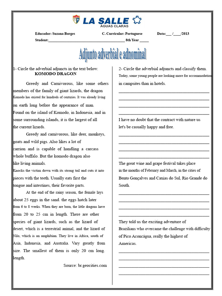 Activities - Adjectival and Adverbial Complement | PDF | Komodo Dragon ...