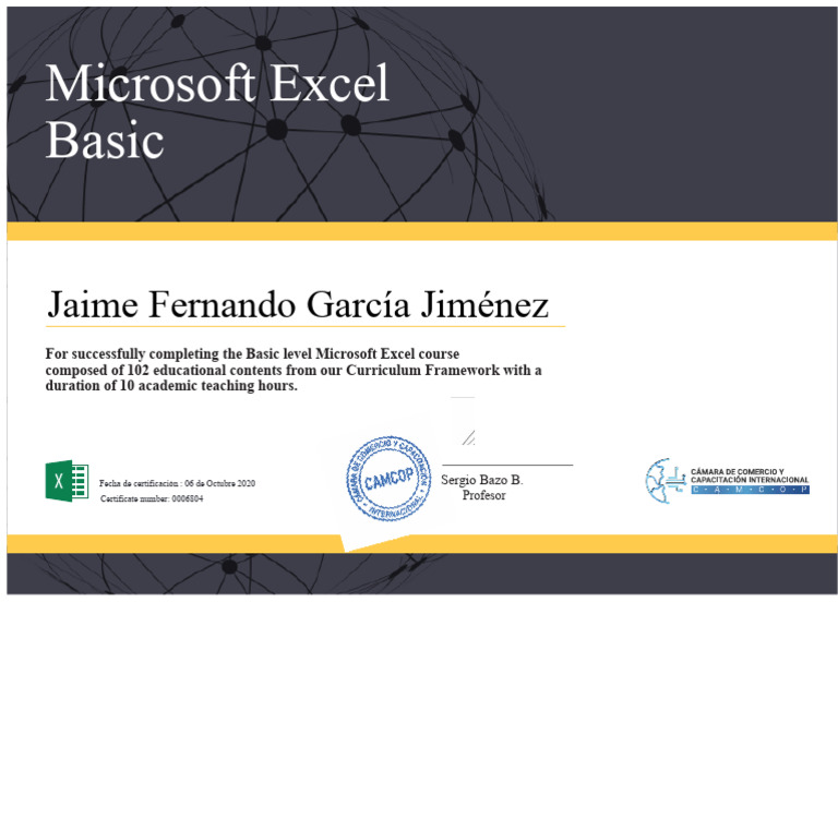 Basic Microsoft Excel Course Certificate | PDF