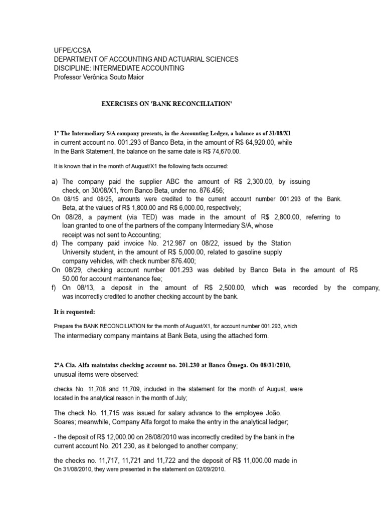 Bank Reconciliation Exercises Guide | PDF | Banks | Debits And Credits