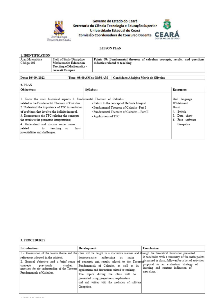 Lesson plan TFC UECE | PDF | Calculus | Mathematics