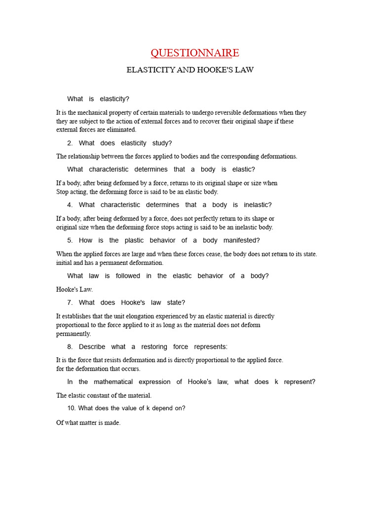 Questionnaire 2 Hooke's Law (1) | PDF