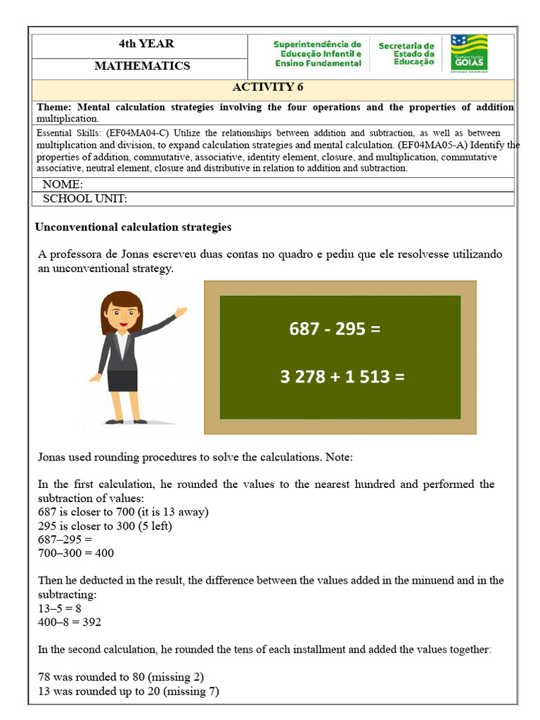 Activity 6 Mathematics Mental Calculation Strategies 4th Grade 222 ...