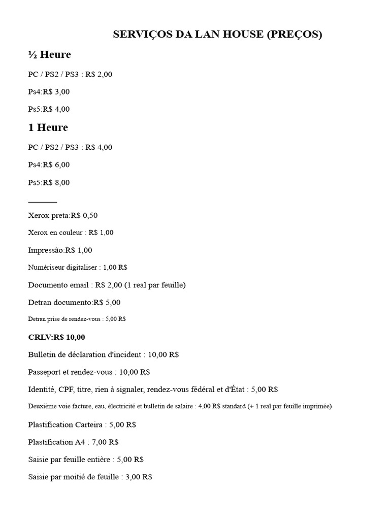 Tarifs des services de la lan house | PDF