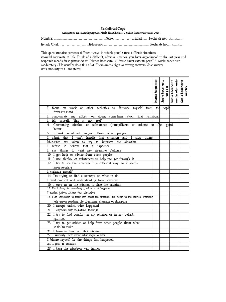 Brief Coping Scale PDF | PDF | Social Psychology | Behavioural Sciences