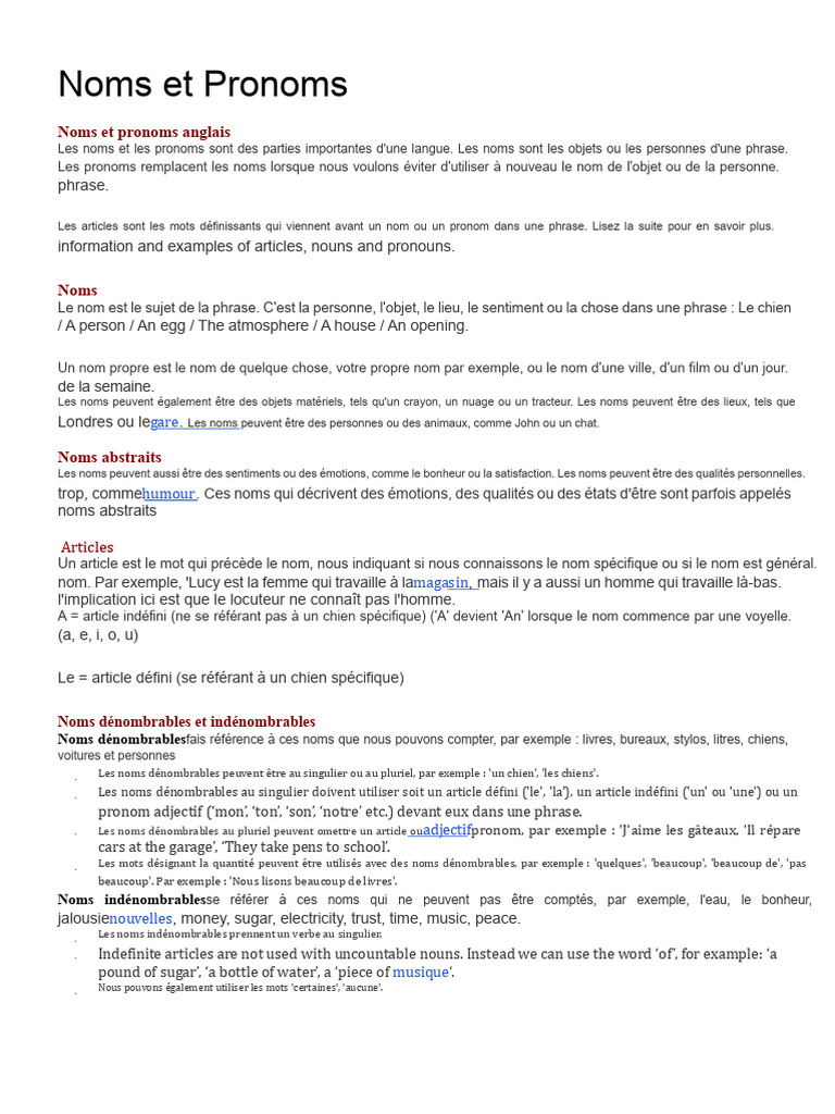 Noms et pronoms en anglais : guide complet | PDF | Nombre grammatical ...