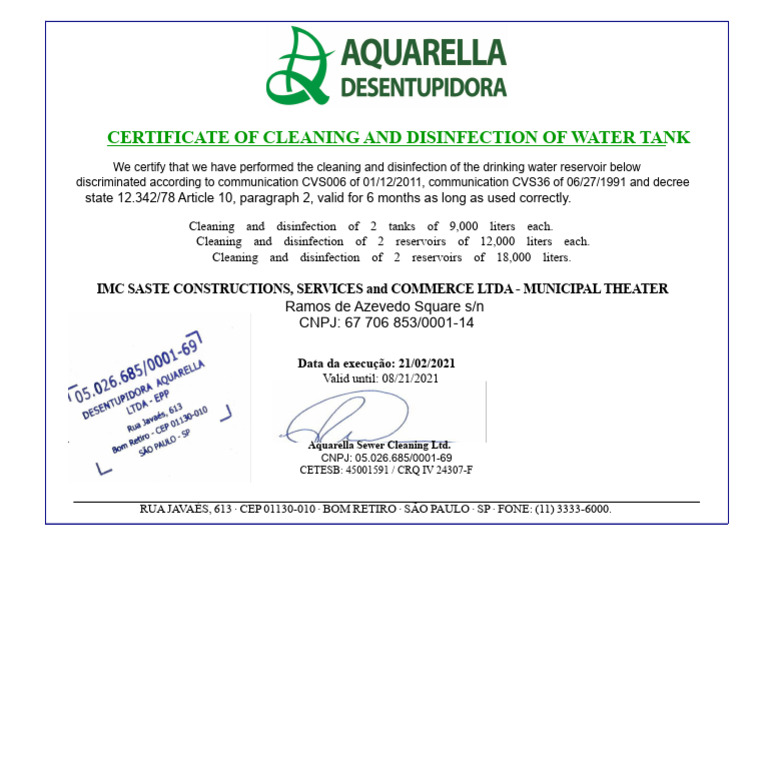Water Tank Cleaning Certificate | PDF
