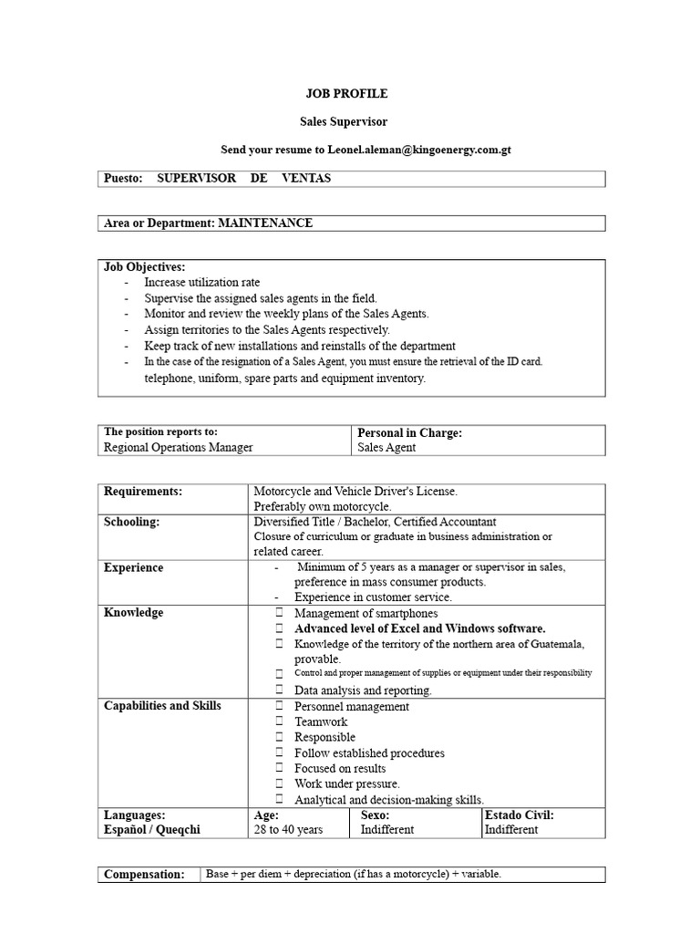 Sales Supervisor Profile 1 | PDF