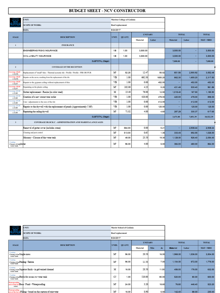 Roof Replacement Budget Sheet | PDF | Roof | Building Engineering