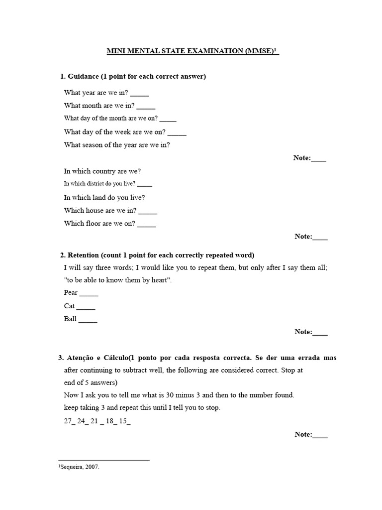 Mini Mental State Examination Guide | PDF | Psychology | Psychological ...