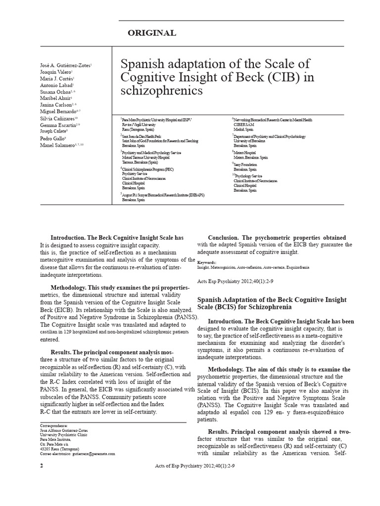Escal Beck Insight Validity PDF | PDF | Insight | Schizophrenia