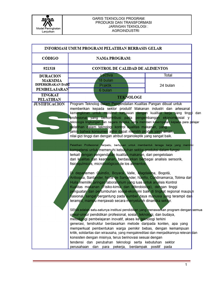 Program Pengendalian Kualitas Pangan SENA | PDF
