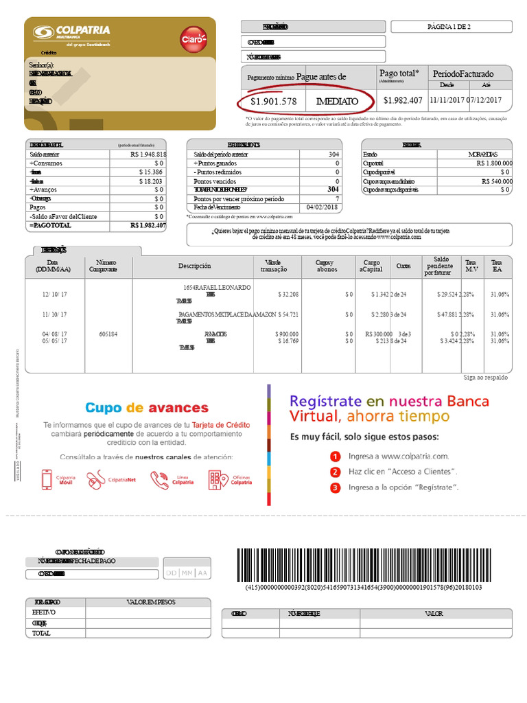 Extrato de Pagamento Cartão Colpatria | PDF | Dívida | Microeconomia