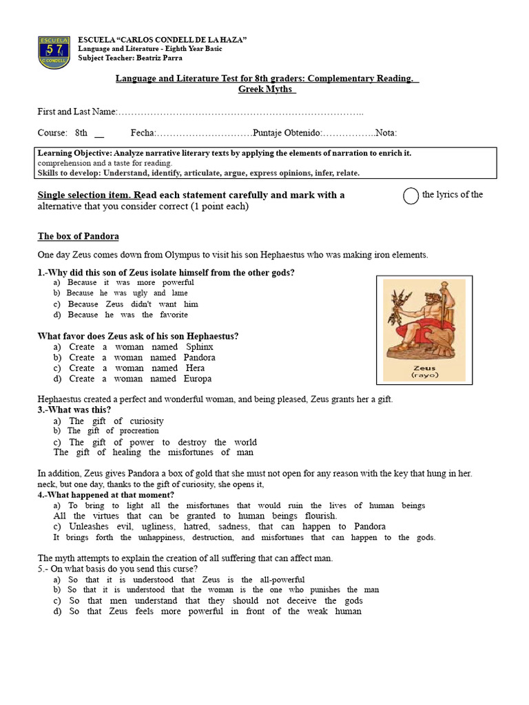 TEST of The Book GREEK MYTHS 8 | PDF | Minotaur | Zeus