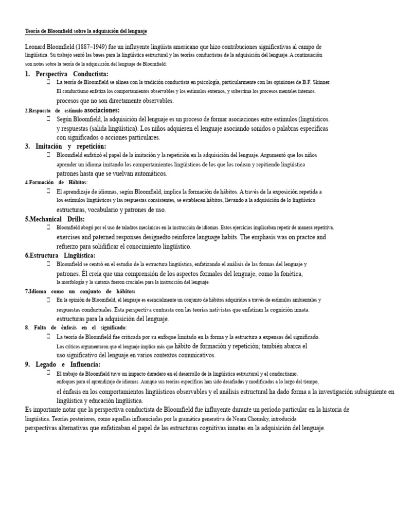 Teoría de Adquisición Del Lenguaje de Bloomfield | PDF | Aquisición de idioma | Behaviorismo