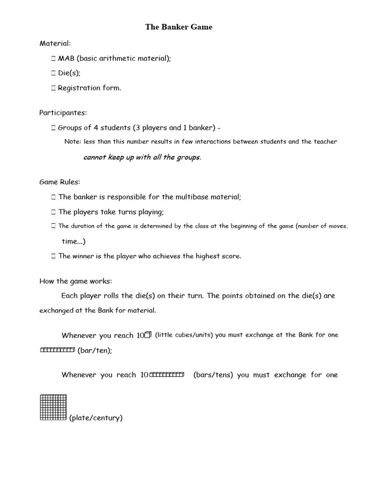 The Banker Game: Educational Math Activity | PDF | Dice | Numbers