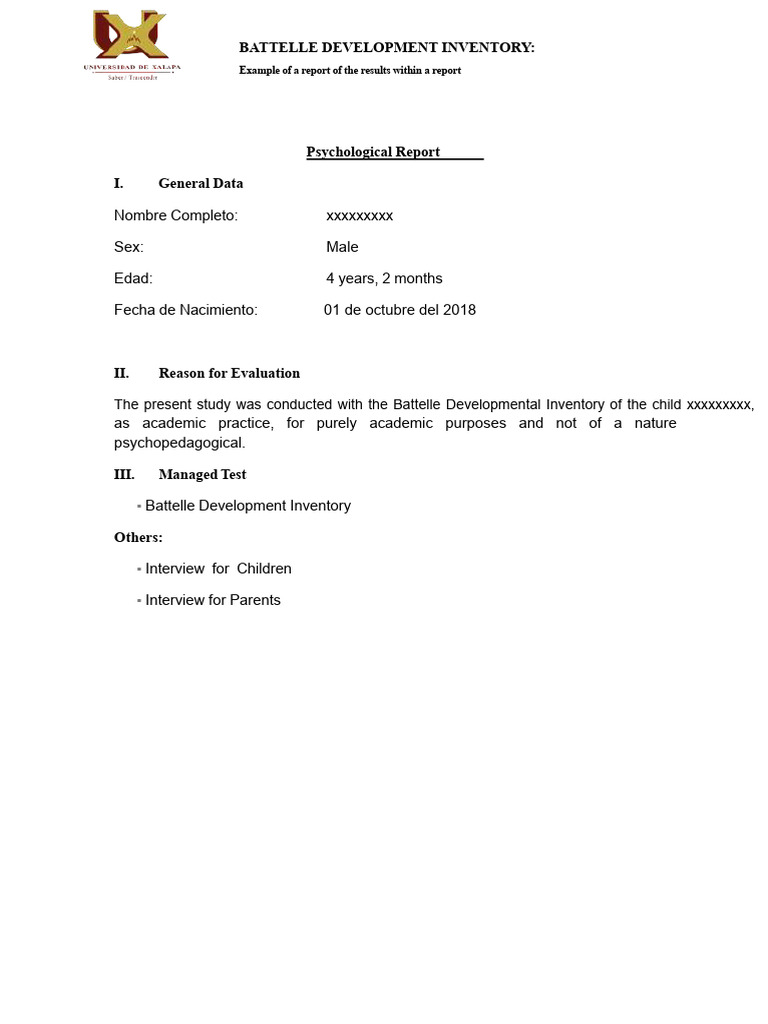 Battelle Development Inventory Report | PDF | Behavioural Sciences ...