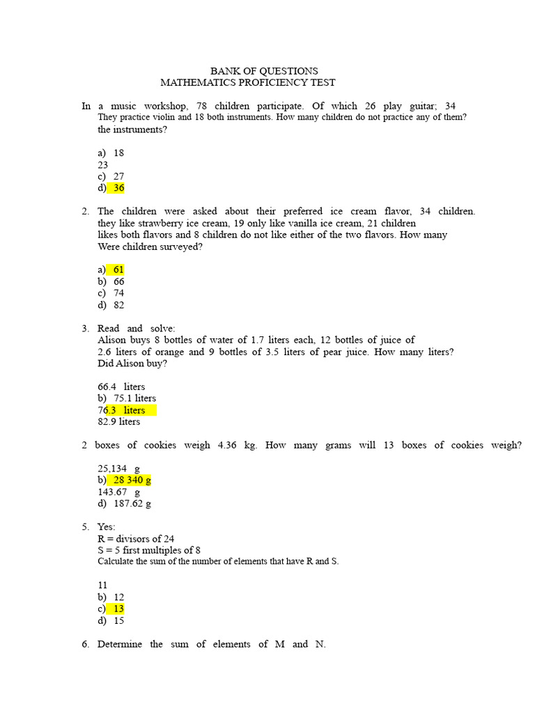 Mathematics Proficiency Test Questions | PDF | Mathematics