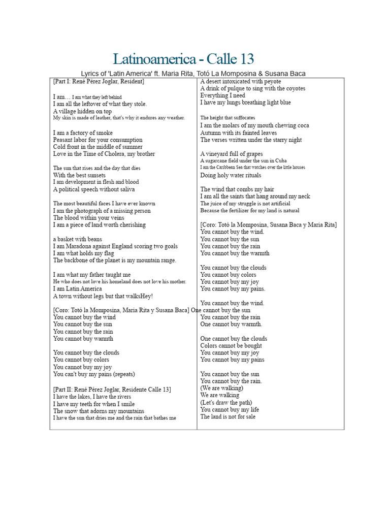 Lyrics and context - Latin America - Calle 13.docx | PDF