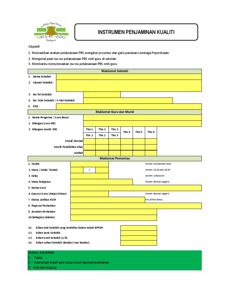 Instrumen Pemantauan Penjaminan Kualiti PBS 2012 | PDF