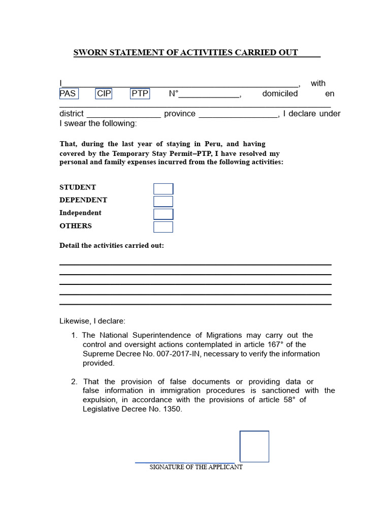 Sworn Statement of Activities in Peru | PDF
