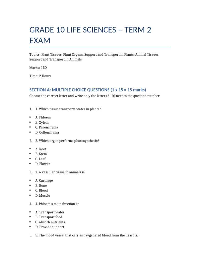 Grade 10 Life Sciences Term 2 Full Exam | PDF | Tissue (Biology) | Leaf