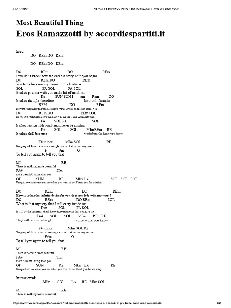 MOST BEAUTIFUL THING - Eros Ramazzotti - Chords and Sheet Music | PDF ...
