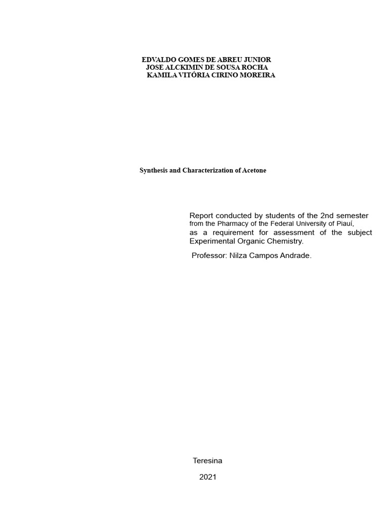Synthesis of Acetone: Experimental Report | PDF | Distillation | Chemistry
