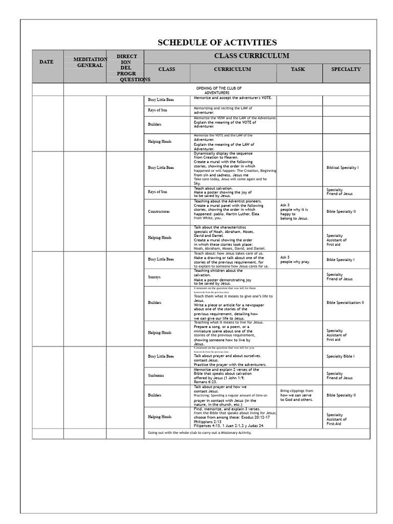 Adventurer Club Activity Schedule | PDF | Jesus | Prayer