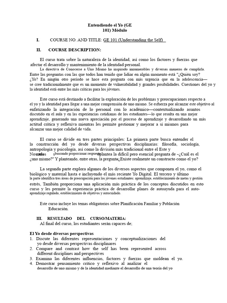 Curso GE 101: Explorando el Yo y la Identidad | PDF | Alma | Mente