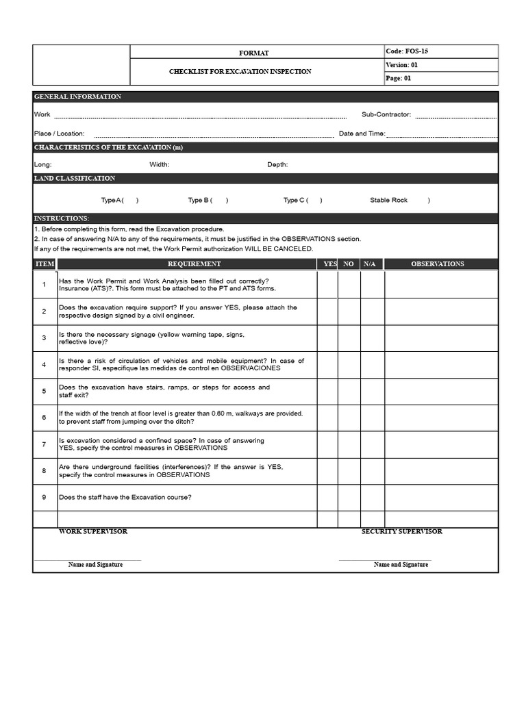 Excavation Checklist | PDF