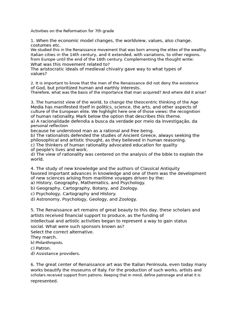 Activities About The Reformation and Renaissance For 7th Grade | PDF ...