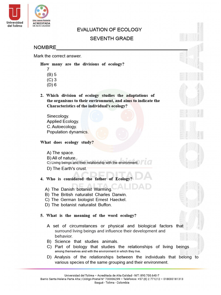 Seventh Grade Ecology Evaluation | PDF