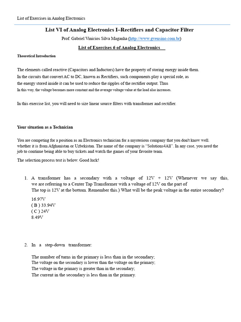 Analog Electronics Exercise List: Rectifiers | PDF | Rectifier ...