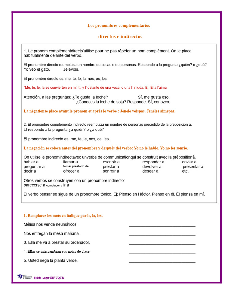 Los Pronombres Complementarios Directos e Indirectos Ejercicios y ...