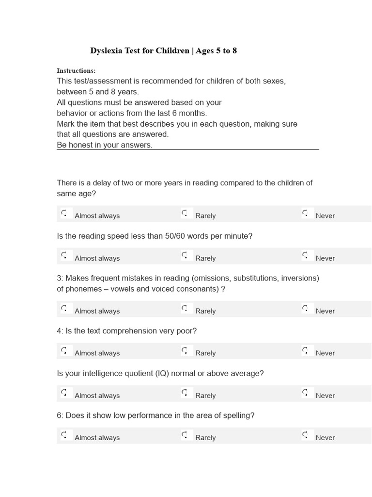 Dyslexia Test for Children | PDF