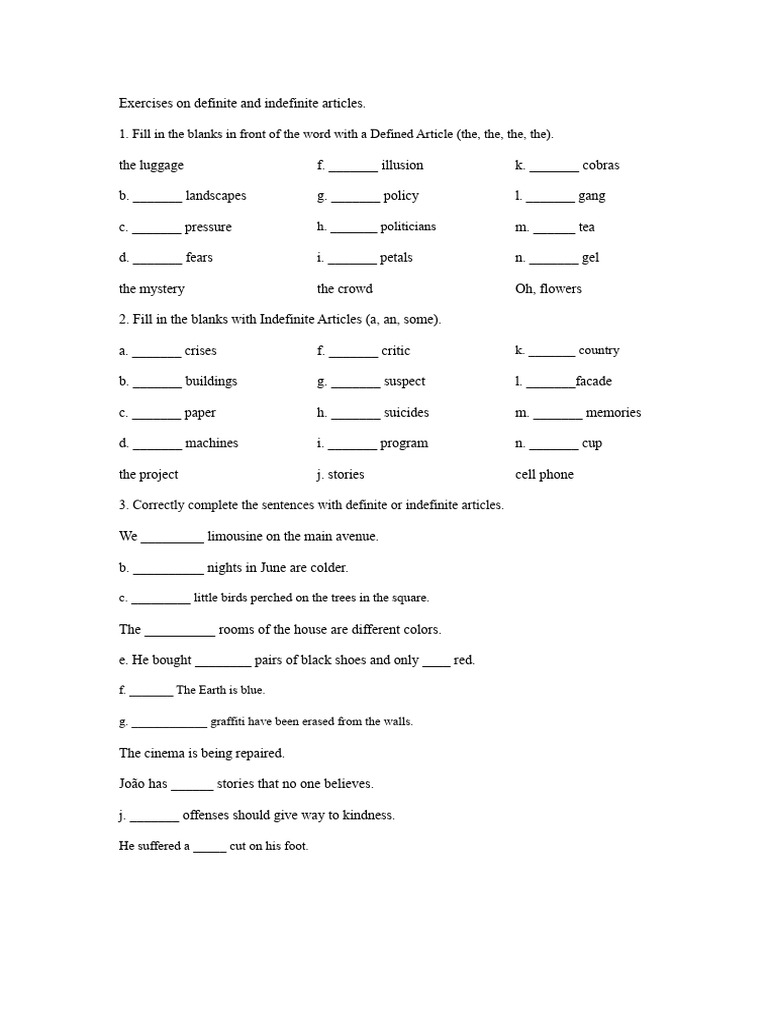 Exercises on Articles: Definite & Indefinite | PDF