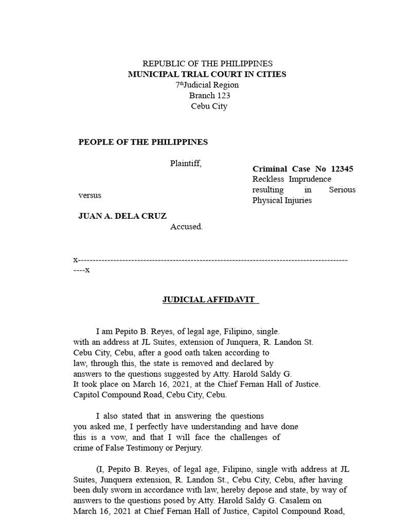 2021 Judicial Affidavit Sample With Translation Philippines | PDF ...