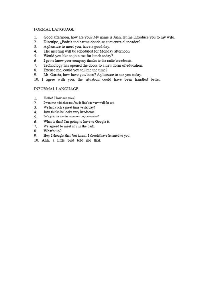 Formal vs Informal Language Examples | PDF