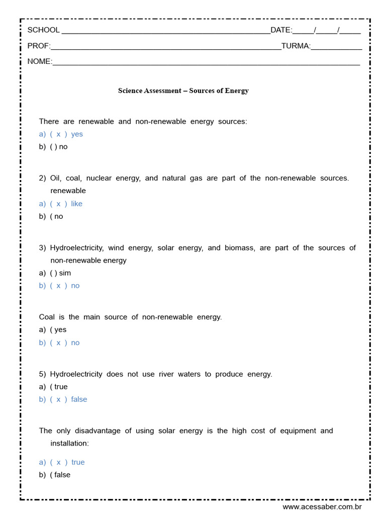 Evaluation of Science Energy Sources 4th Grade Answers PDF | PDF