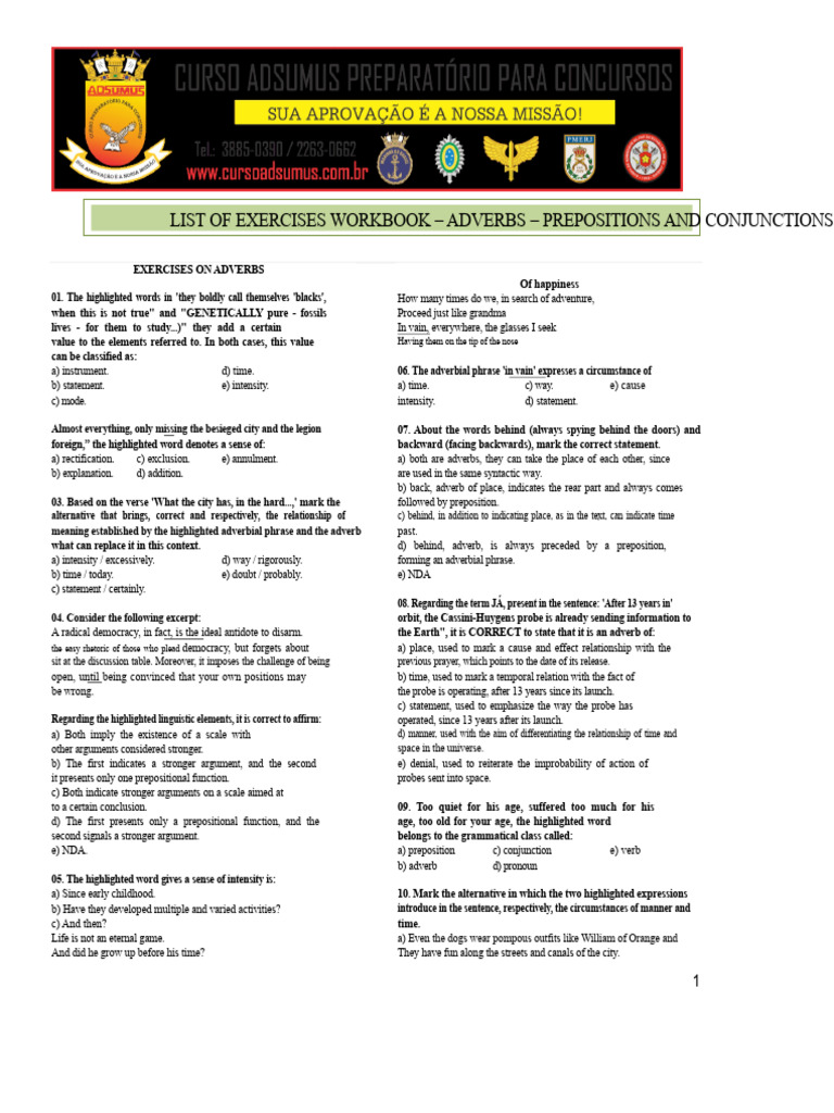 Exercises on Adverbs, Prepositions, and Conjunctions | PDF | Adverb ...