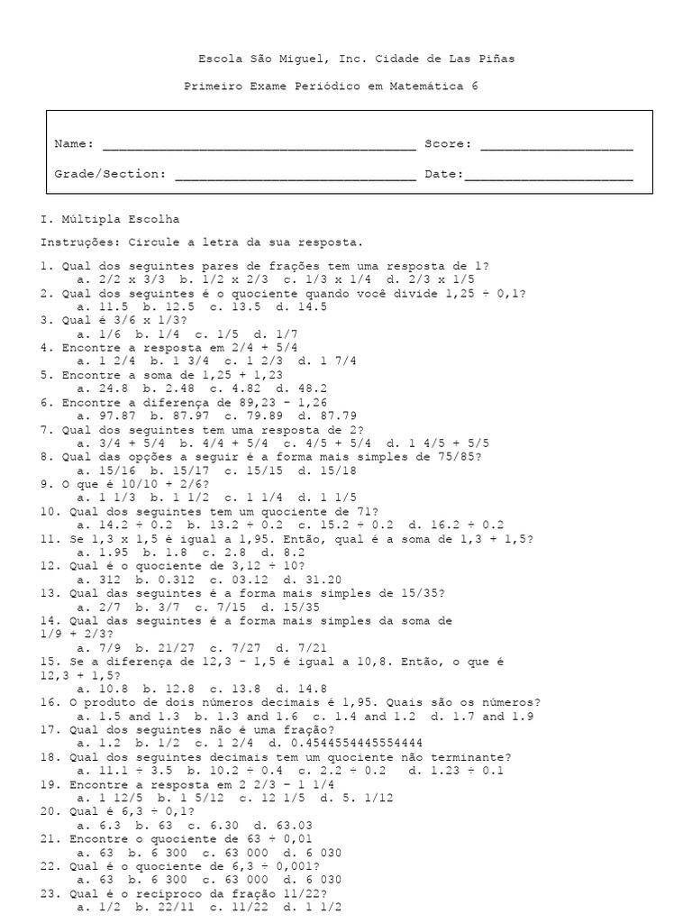 Matemática 6 - 1º Teste Periódico | PDF | Teoria dos Números | Álgebra ...