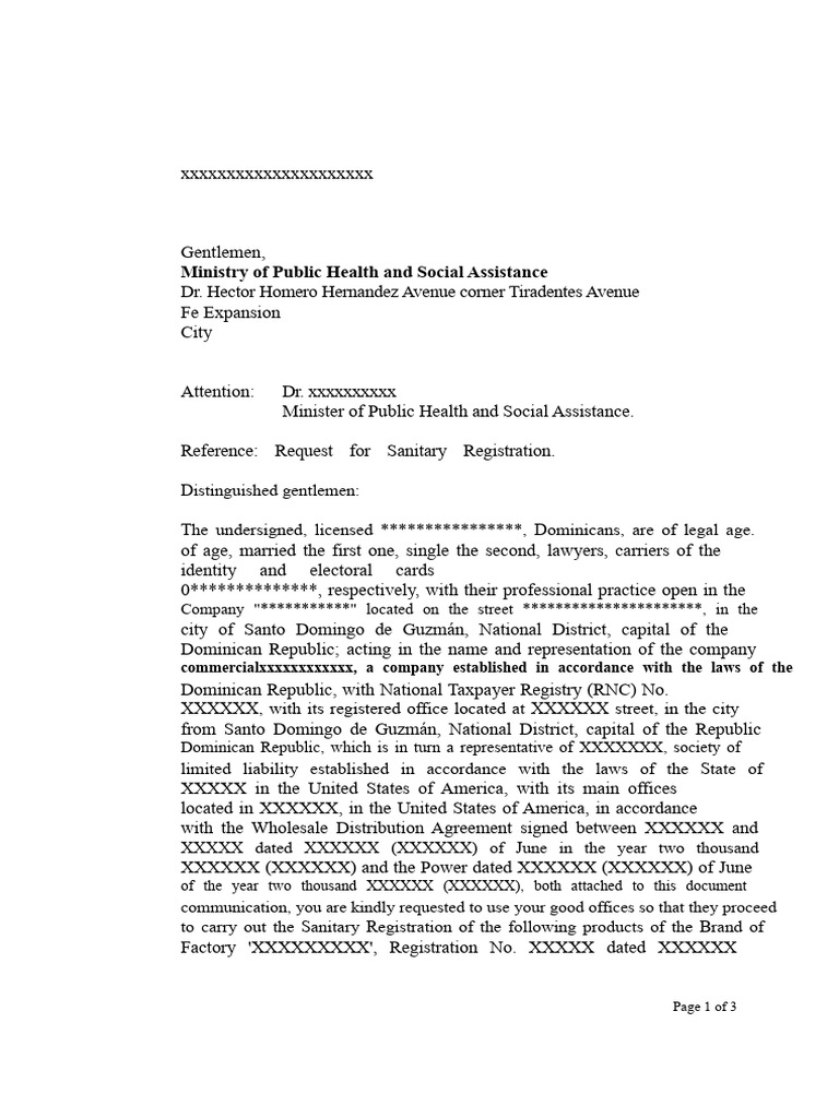 Request For Sanitary Registration | PDF