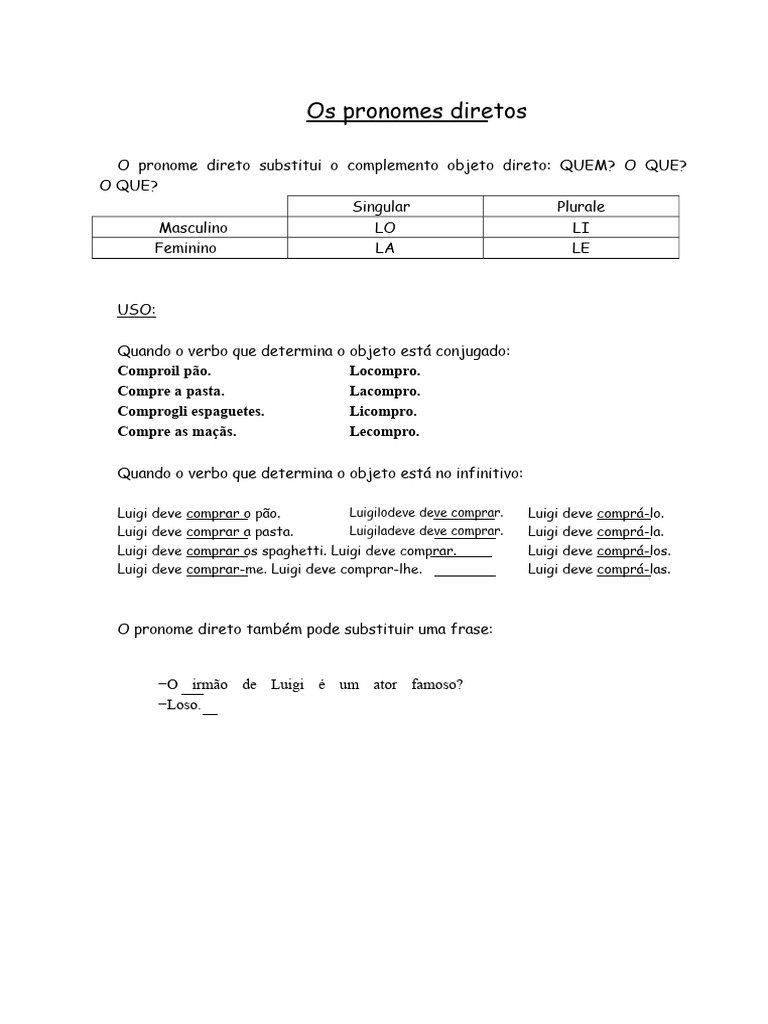 Pronomes Diretos: Uso e Exemplos | PDF