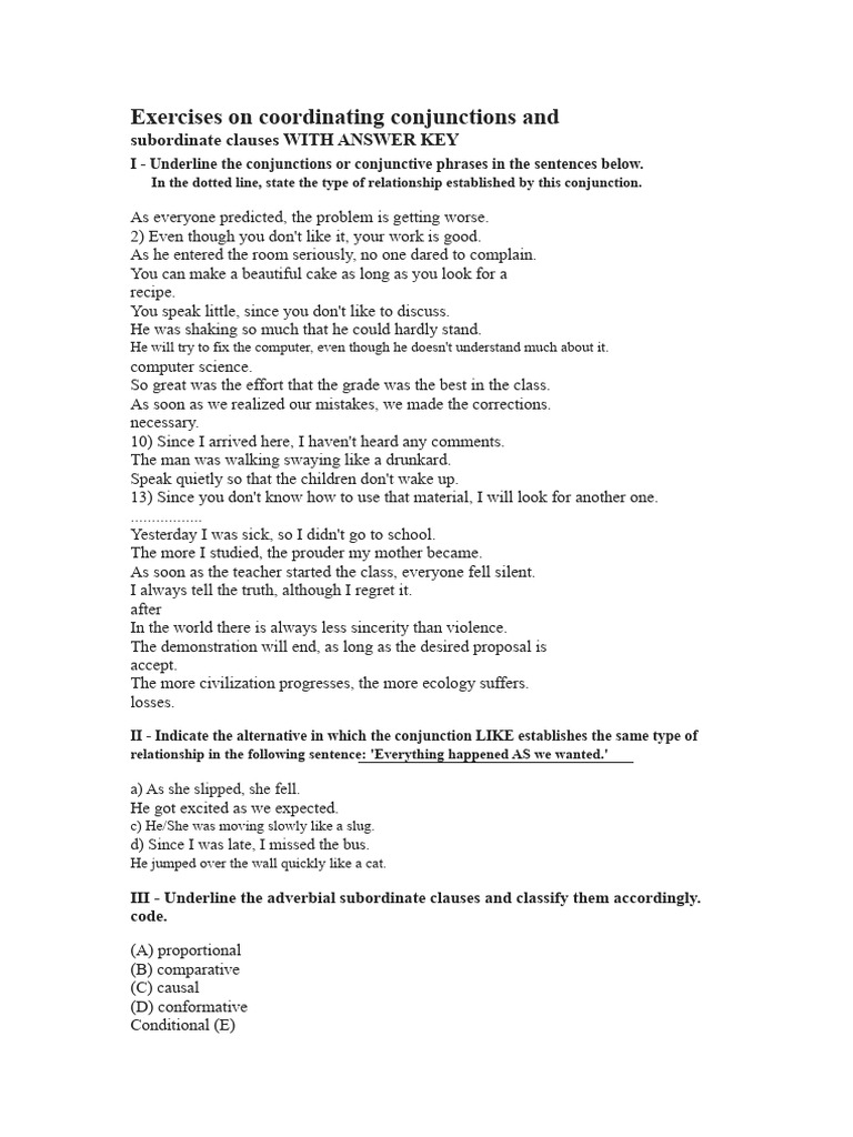 Conjunctions and Clauses Exercises with Answers | PDF | Syntax | Grammar