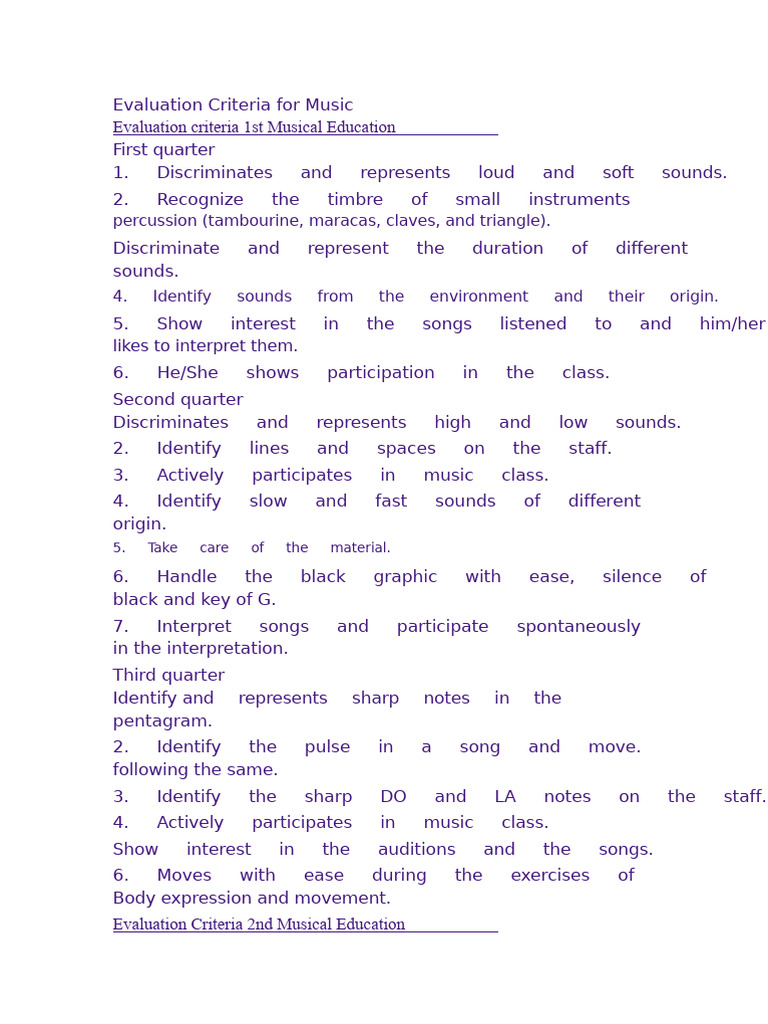 Music Education Evaluation Criteria | PDF | Clef | Elements Of Music