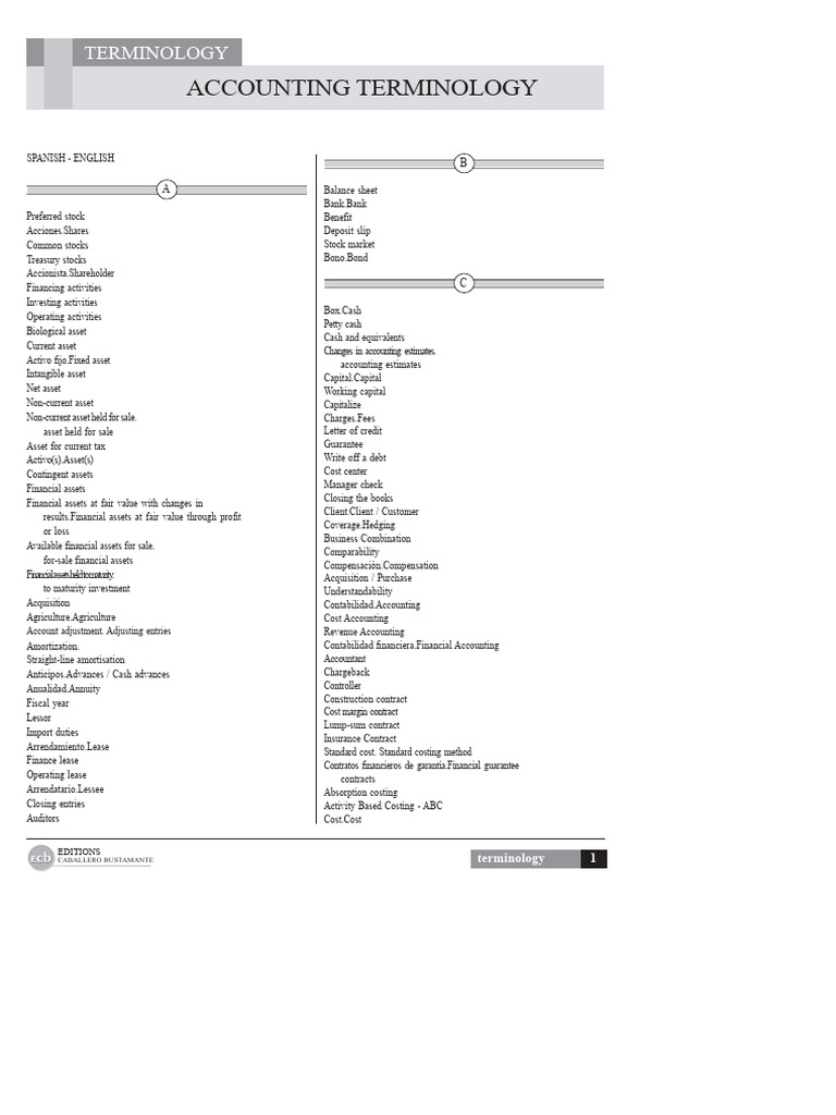 Spanish-English Accounting Terms Guide | PDF | Expense | Debits And Credits