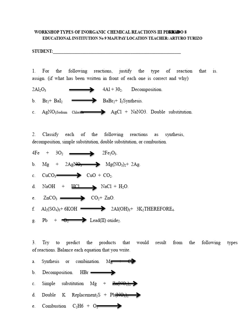 Workshop Types of Chemical Reactions Grade 8 | PDF