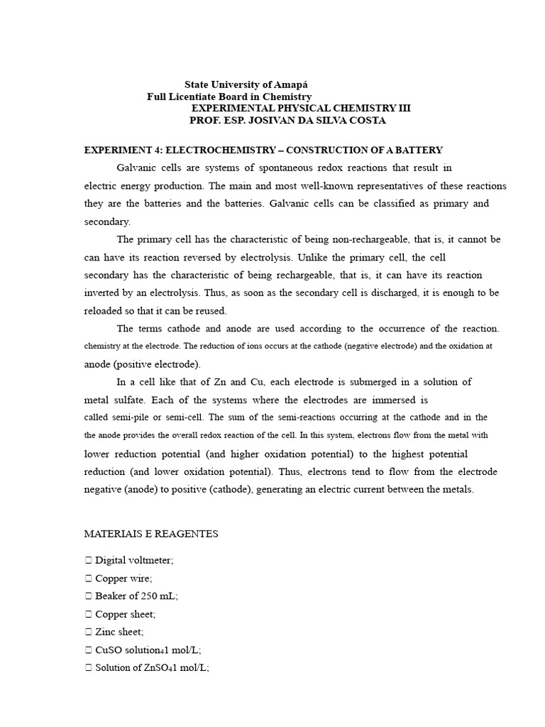 EXPERIMENT 4 - CONSTRUCTION OF A BATTERY.pdf | PDF | Anode | Redox