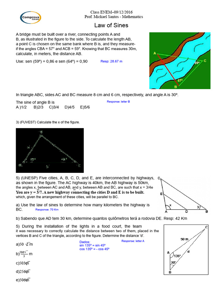 Law of cosines and sines exercises | PDF | Trigonometric Functions ...